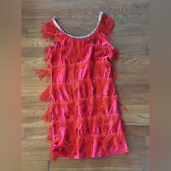Dresses | Flapper Style Vibrant Red Fringe Dress With Gold Sequined ...